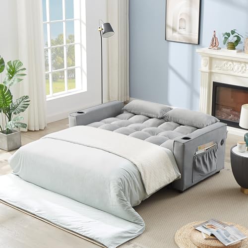 ERYE 3-in-1 Futon Daybed with Pull Out Sleeper Couch Bed, Loveseat Sofa W/Reclining Backrest Convertible Sleep Sofabed for Home RV Apartment Office Living Room