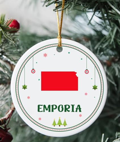 Emporia KS Ornament for Christmas Tree Decorations City Travel Souvenir Gifts for Family - Housewarming Gift Emporia Kansas Ornament 3 Inch Plastic