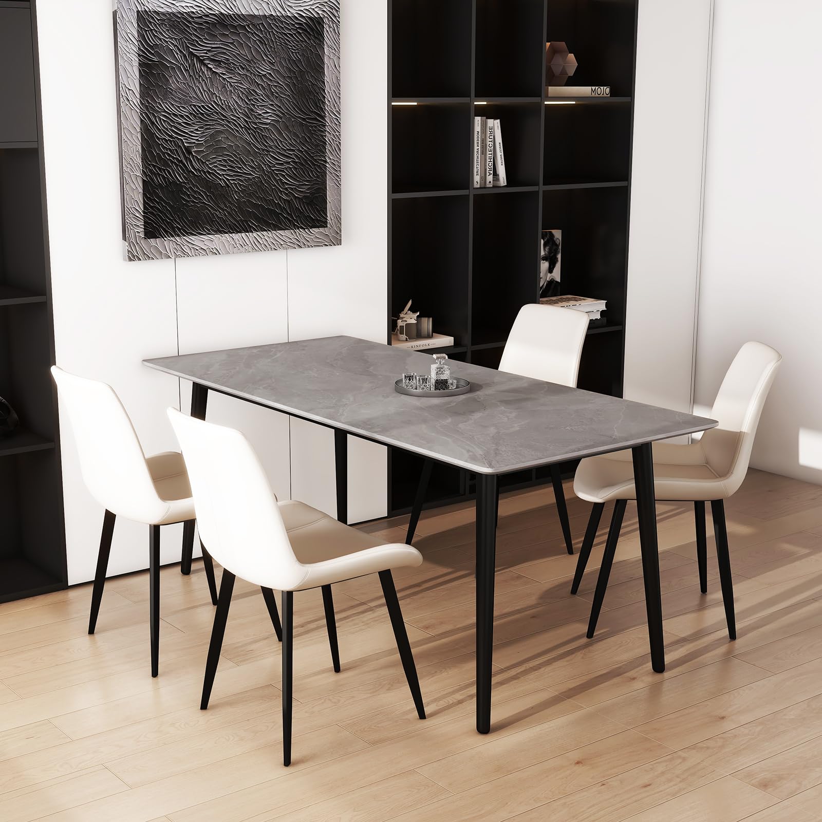 AmoUnico 63 inch Marble Sintered Stone Dining Table, Rectangular Modern Dinner Table for 6-Seat with Metal Legs, Restaurant Table for Living Room (Gloss Grey, Slanted Legs)