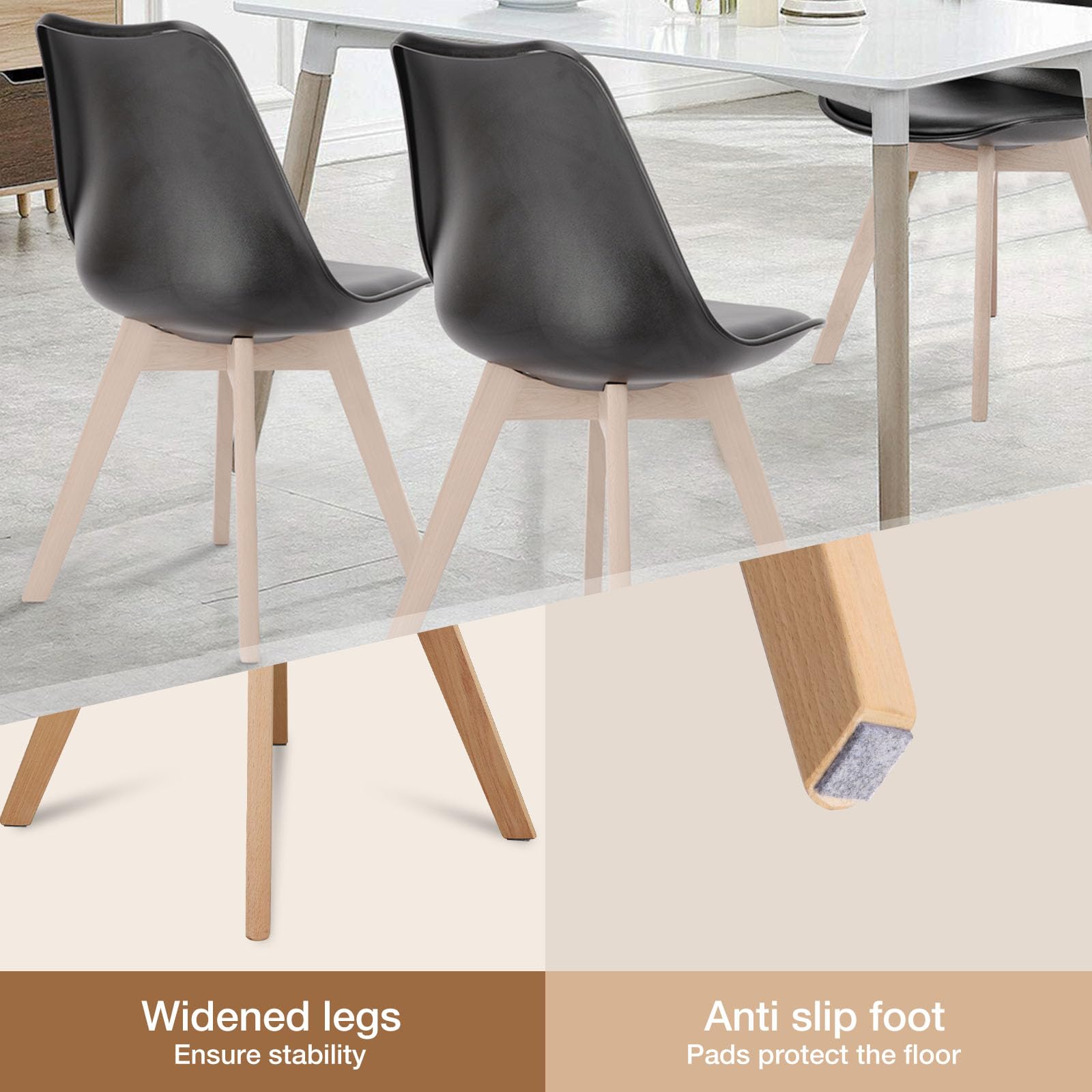 Sweetrcrispy Dining Chairs, Dining Chairs Set of 4, Dining Room Chairs, Kitchen Chairs, Mid Century Modern Chairs, PU Leather Upholstered Chairs with Wood Legs, Kitchen & Dining Room Chairs, Black
