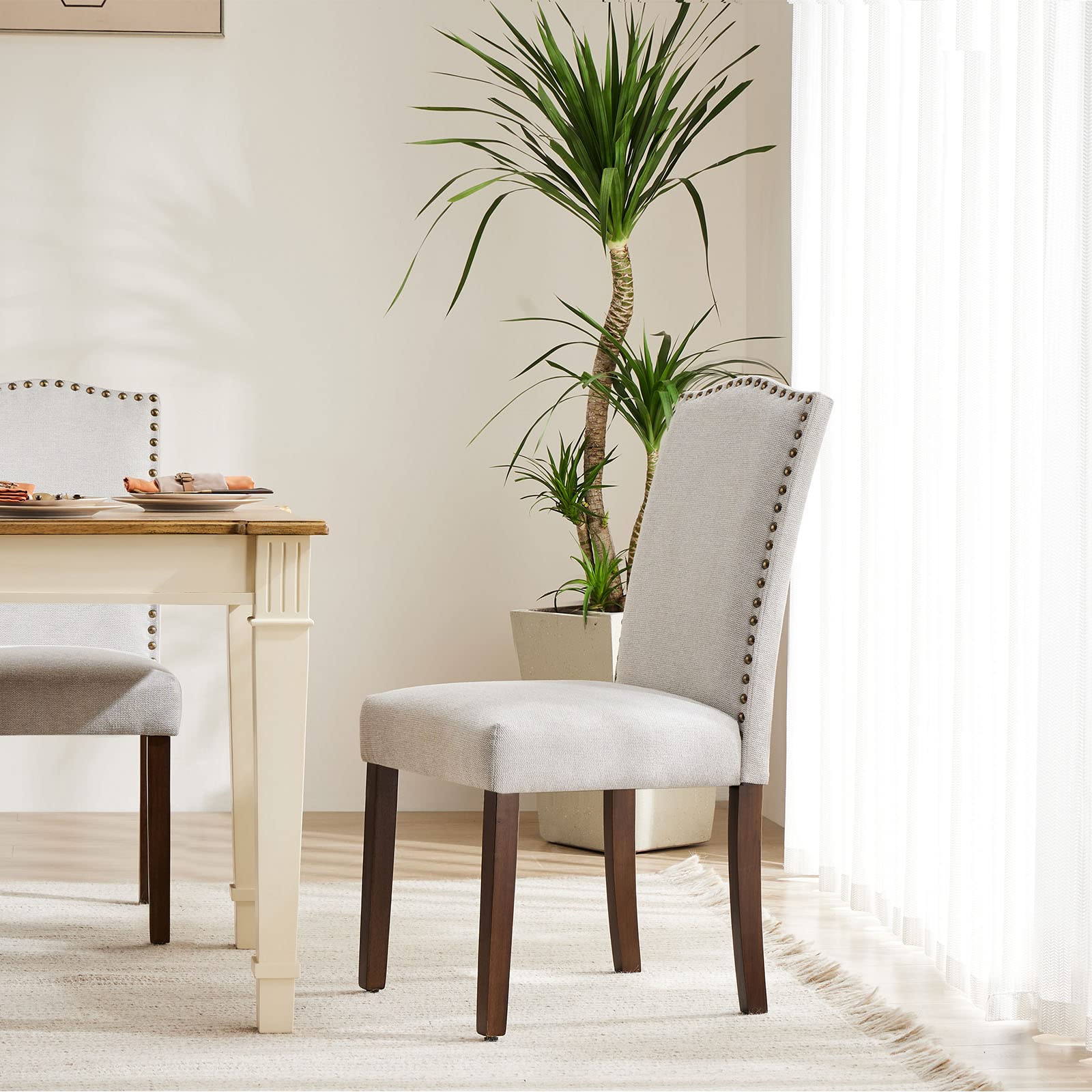 C, Kitchen Chairs, Modern Upholstered Fabric Dining Room Chair with Nailhead Back and Wood Legs, Mid-Century Accent Side Chair for Living Room, Bedroom, Kitchen