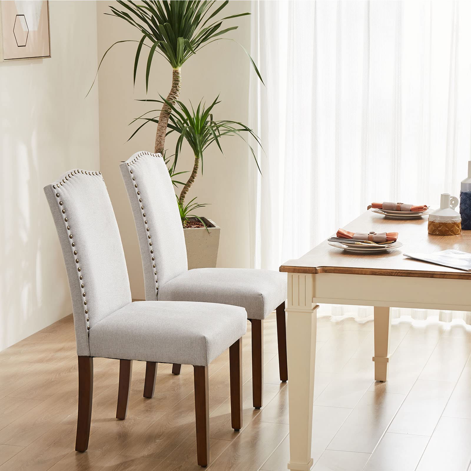 C, Kitchen Chairs, Modern Upholstered Fabric Dining Room Chair with Nailhead Back and Wood Legs, Mid-Century Accent Side Chair for Living Room, Bedroom, Kitchen
