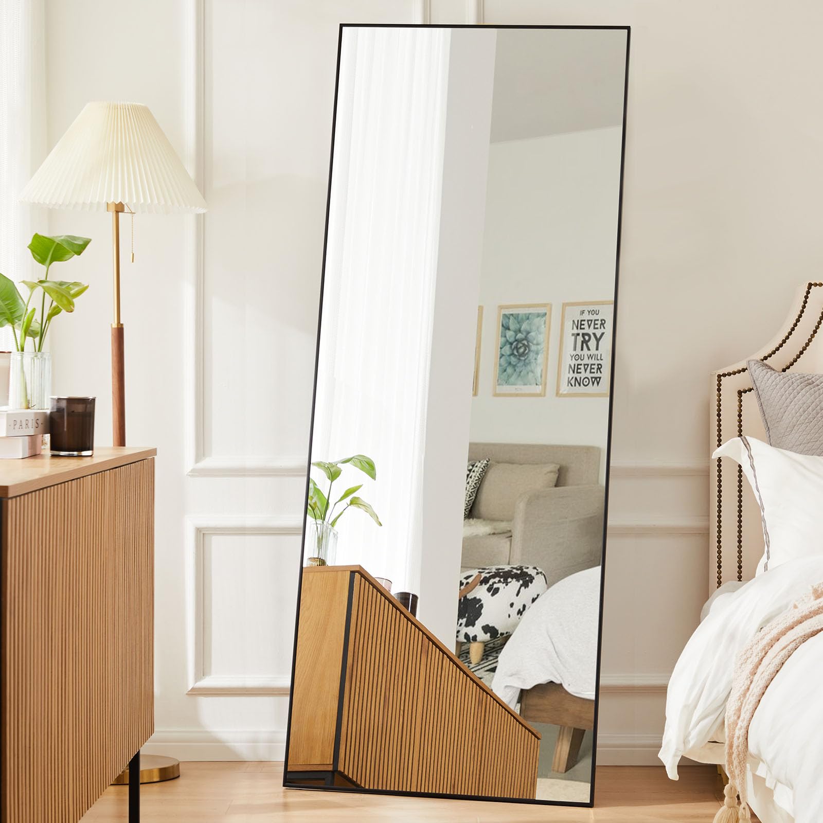 Sweetcrispy Full Length Mirror 64"x21" Full Body Floor Mirror Standing Hanging or Leaning Against Wall, Large Wall Mirror with Stand Aluminum Alloy Thin Frame for Bedroom Cloakroom, Black