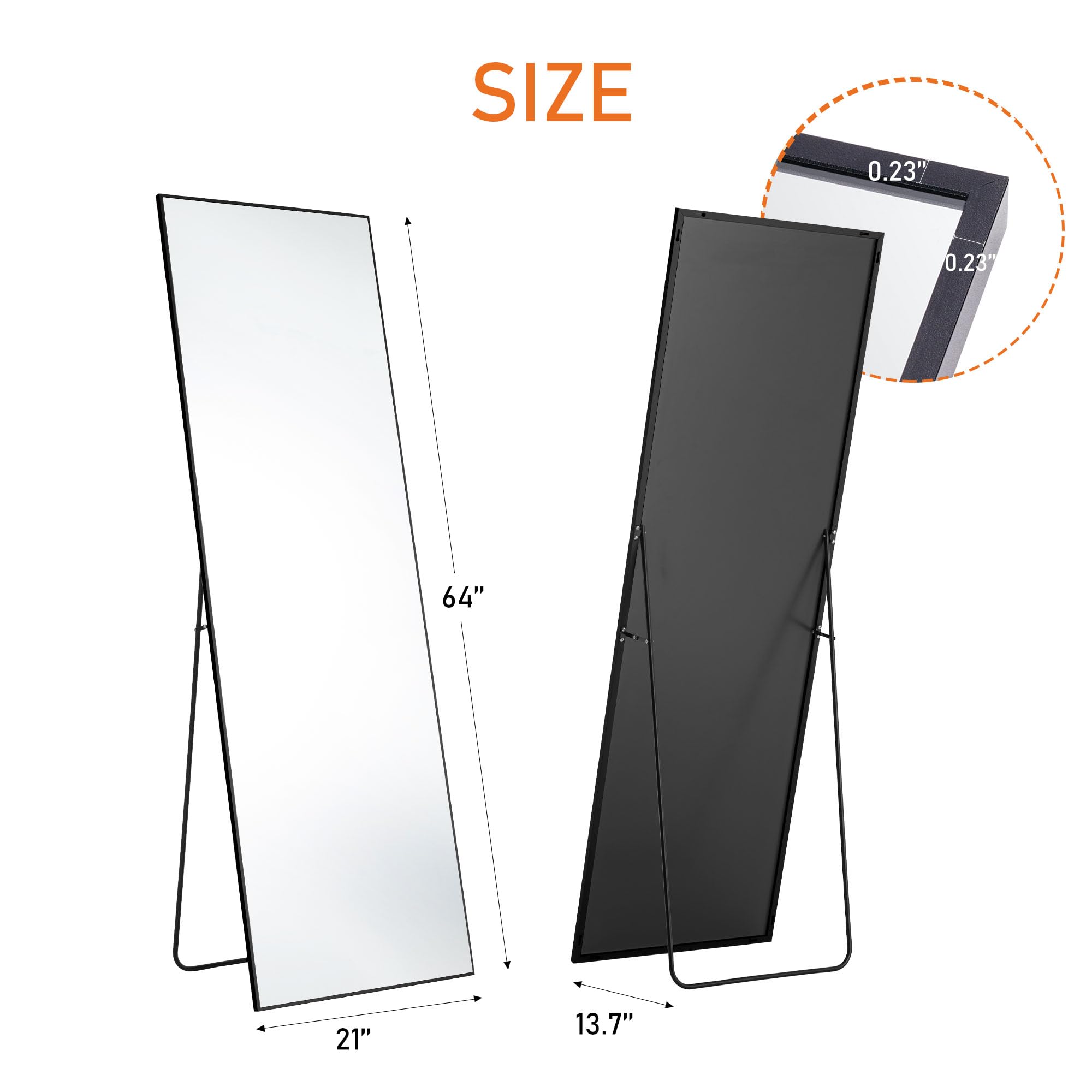 Sweetcrispy Full Length Mirror 64"x21" Full Body Floor Mirror Standing Hanging or Leaning Against Wall, Large Wall Mirror with Stand Aluminum Alloy Thin Frame for Bedroom Cloakroom, Black