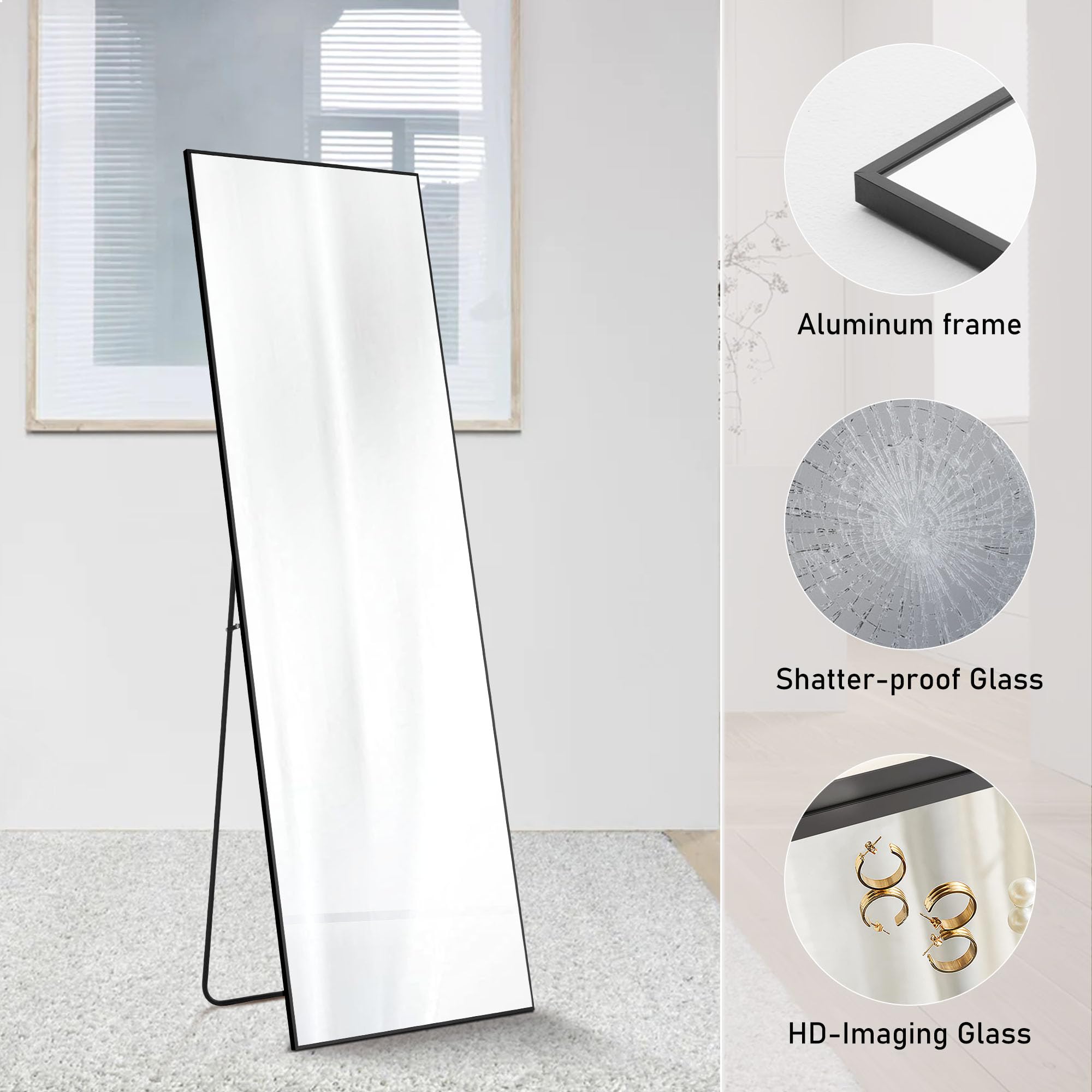 Sweetcrispy Full Length Mirror 64"x21" Full Body Floor Mirror Standing Hanging or Leaning Against Wall, Large Wall Mirror with Stand Aluminum Alloy Thin Frame for Bedroom Cloakroom, Black