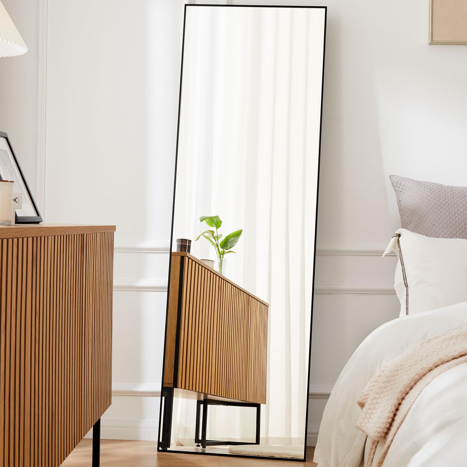 Sweetcrispy Full Length Mirror 59"x16" Full Body Floor Standing Mirror Hanging or Leaning Against Wall, Tall Wall Mirror with Stand Aluminum Alloy Frame for Bedroom Cloakroom, Black