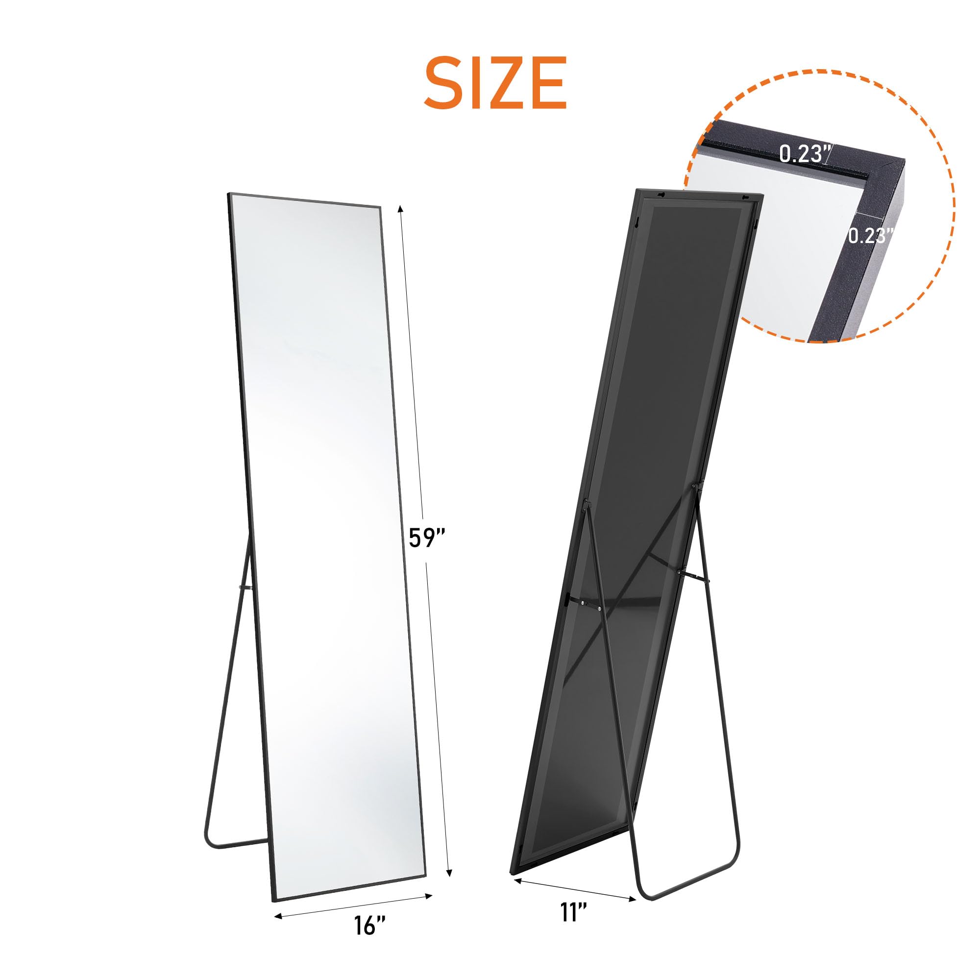 Sweetcrispy Full Length Mirror 59"x16" Full Body Floor Standing Mirror Hanging or Leaning Against Wall, Tall Wall Mirror with Stand Aluminum Alloy Frame for Bedroom Cloakroom, Black