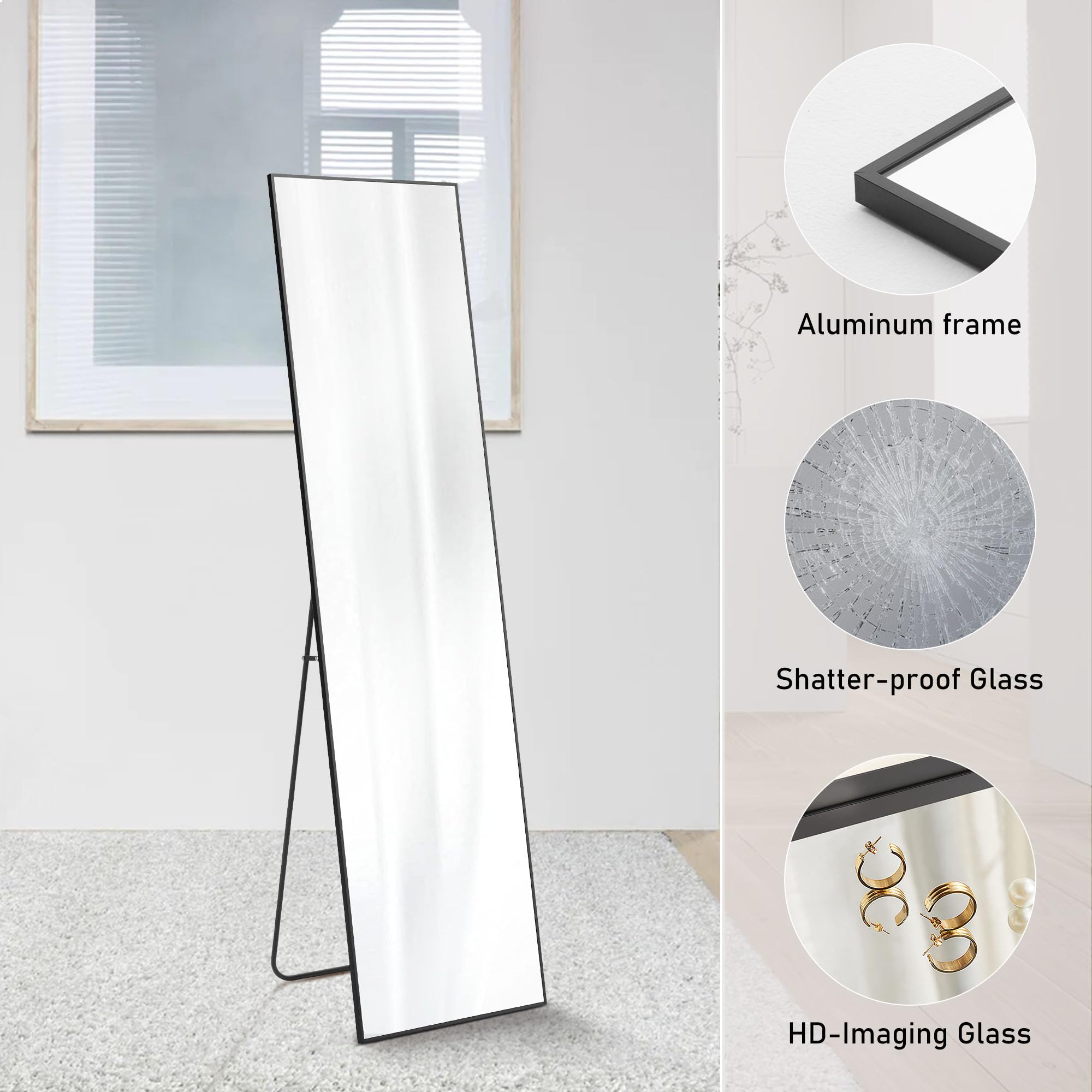 Sweetcrispy Full Length Mirror 59"x16" Full Body Floor Standing Mirror Hanging or Leaning Against Wall, Tall Wall Mirror with Stand Aluminum Alloy Frame for Bedroom Cloakroom, Black