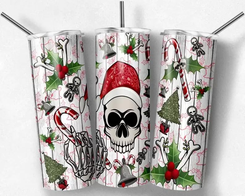 Skull Christmas Tumbler Sublimation Wrap - Ready to Press Sublimation Transfer - 20 oz Straight, Skeleton, Skulls Tumbler Wrap, Holiday