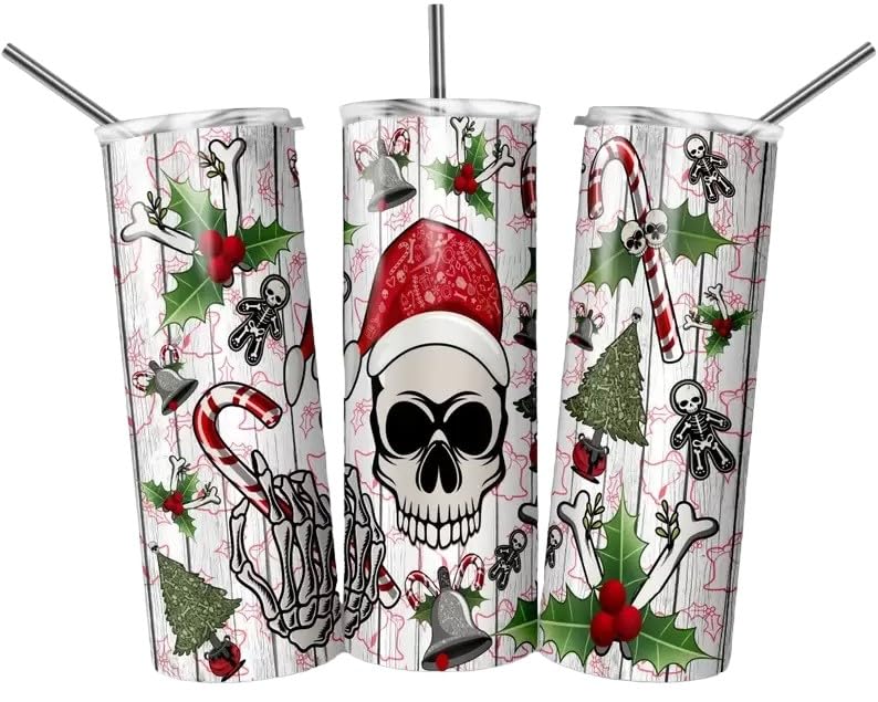 Skull Christmas Tumbler Sublimation Wrap - Ready to Press Sublimation Transfer - 20 oz Straight, Skeleton, Skulls Tumbler Wrap, Holiday