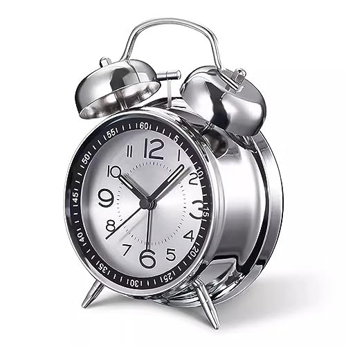 DIRKES Loud Alarm Clock Vintage Dual Bell Analog Alarm Clock Silent No Tick Quartz with Backlight for Heavy Sleepers, Adults, Teens and Kids (Color : Gray, Size : 16.3 * 11.5 * 5.4cm)