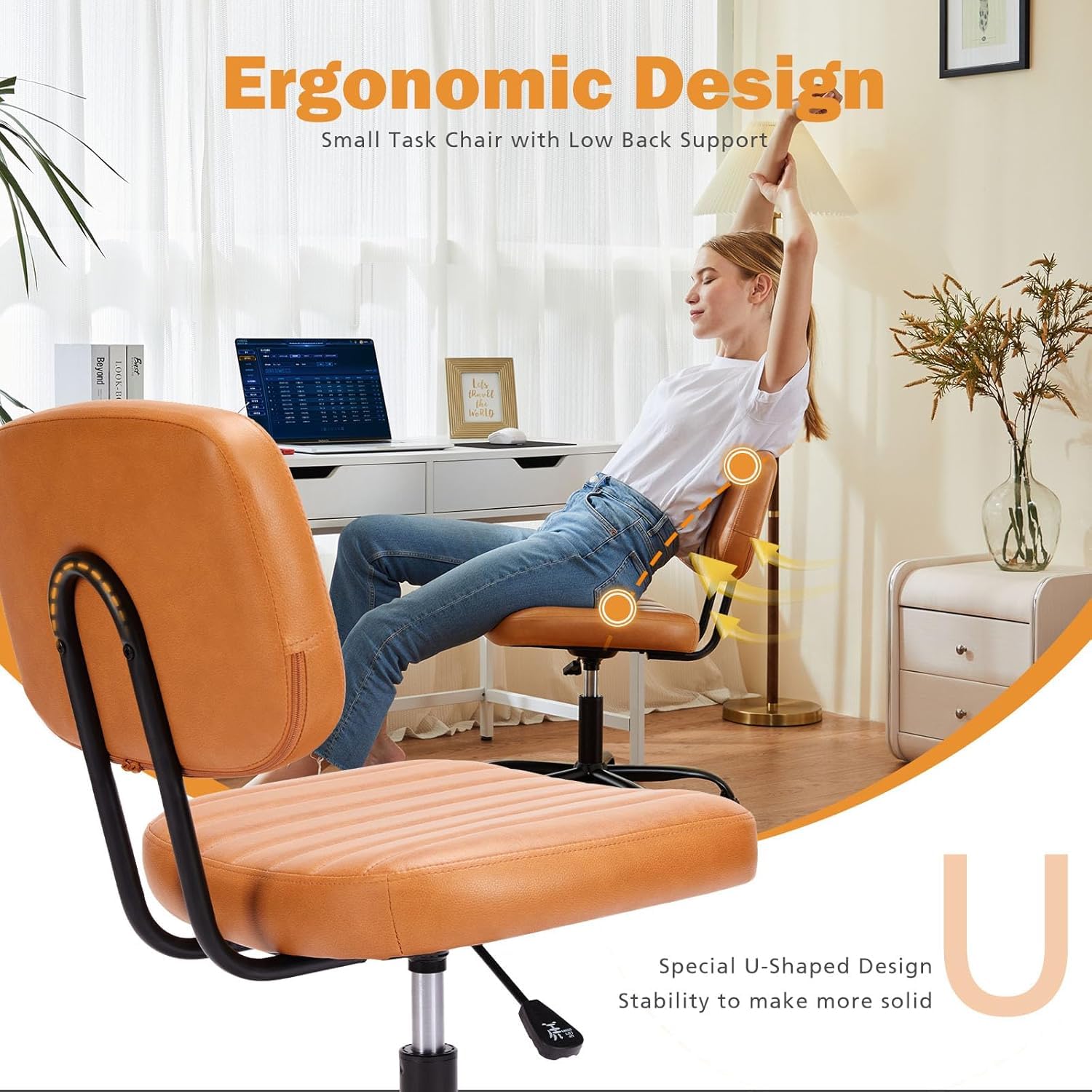 Armless Desk Chair - Small Home Office Chair with Wheels, PU Leather Low Back Task Chair with Lumbar Support, Adjustable Height 360° Rolling Swivel Computer Chair without Arm for Small Space