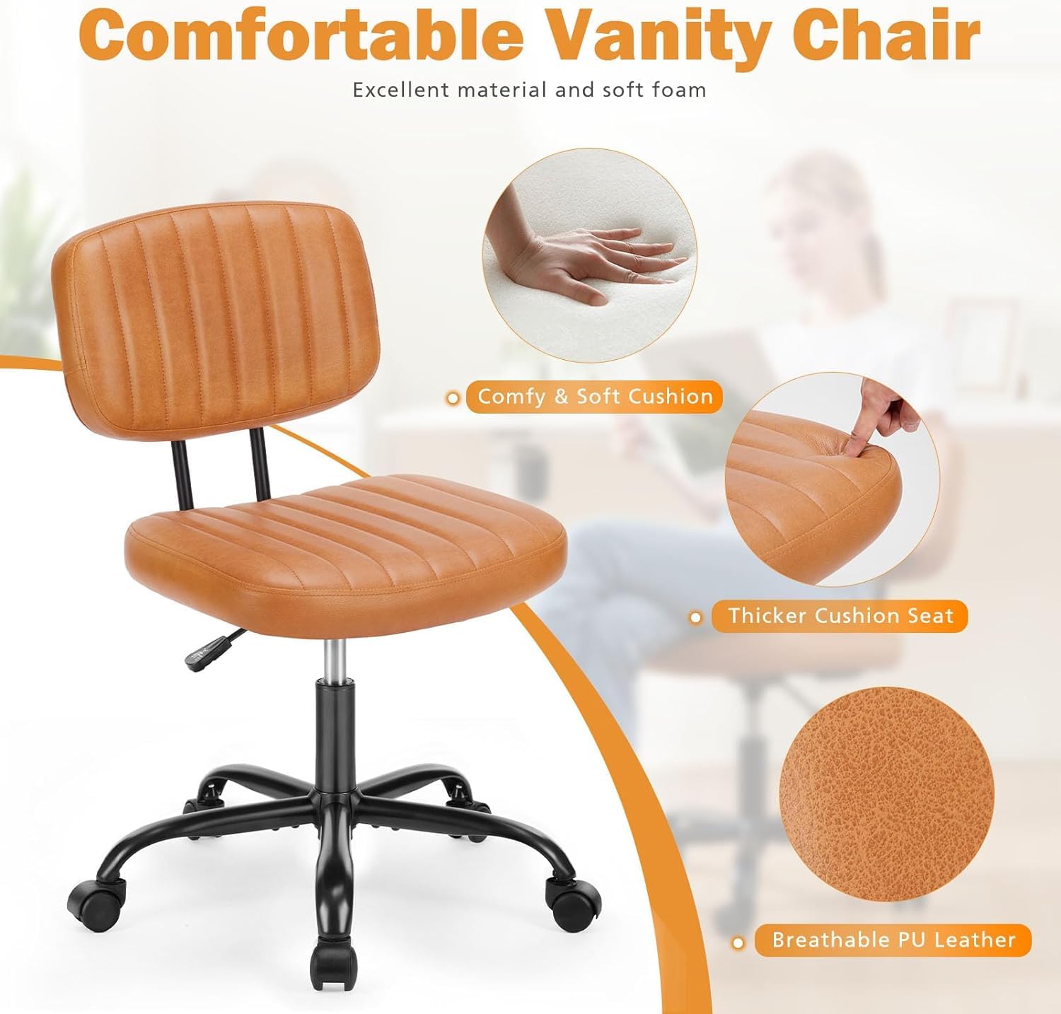 Armless Desk Chair - Small Home Office Chair with Wheels, PU Leather Low Back Task Chair with Lumbar Support, Adjustable Height 360° Rolling Swivel Computer Chair without Arm for Small Space