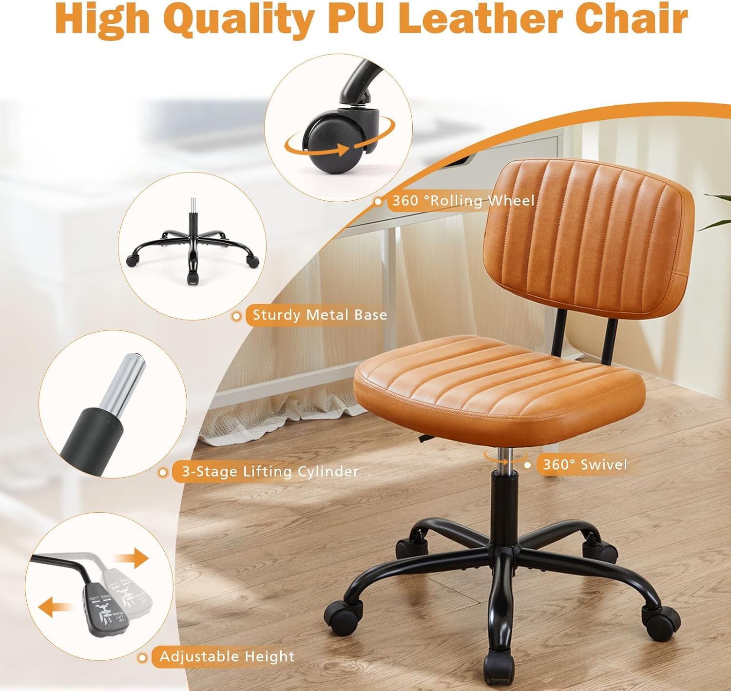 Armless Desk Chair - Small Home Office Chair with Wheels, PU Leather Low Back Task Chair with Lumbar Support, Adjustable Height 360° Rolling Swivel Computer Chair without Arm for Small Space