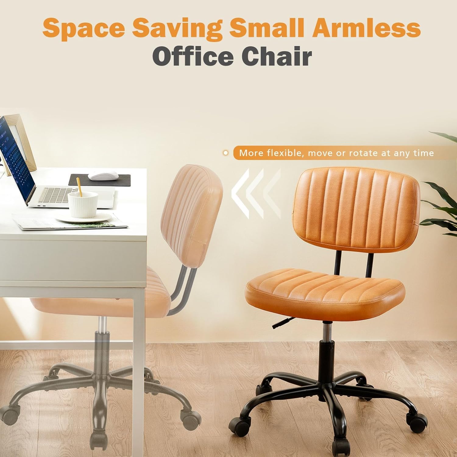 Armless Desk Chair - Small Home Office Chair with Wheels, PU Leather Low Back Task Chair with Lumbar Support, Adjustable Height 360° Rolling Swivel Computer Chair without Arm for Small Space