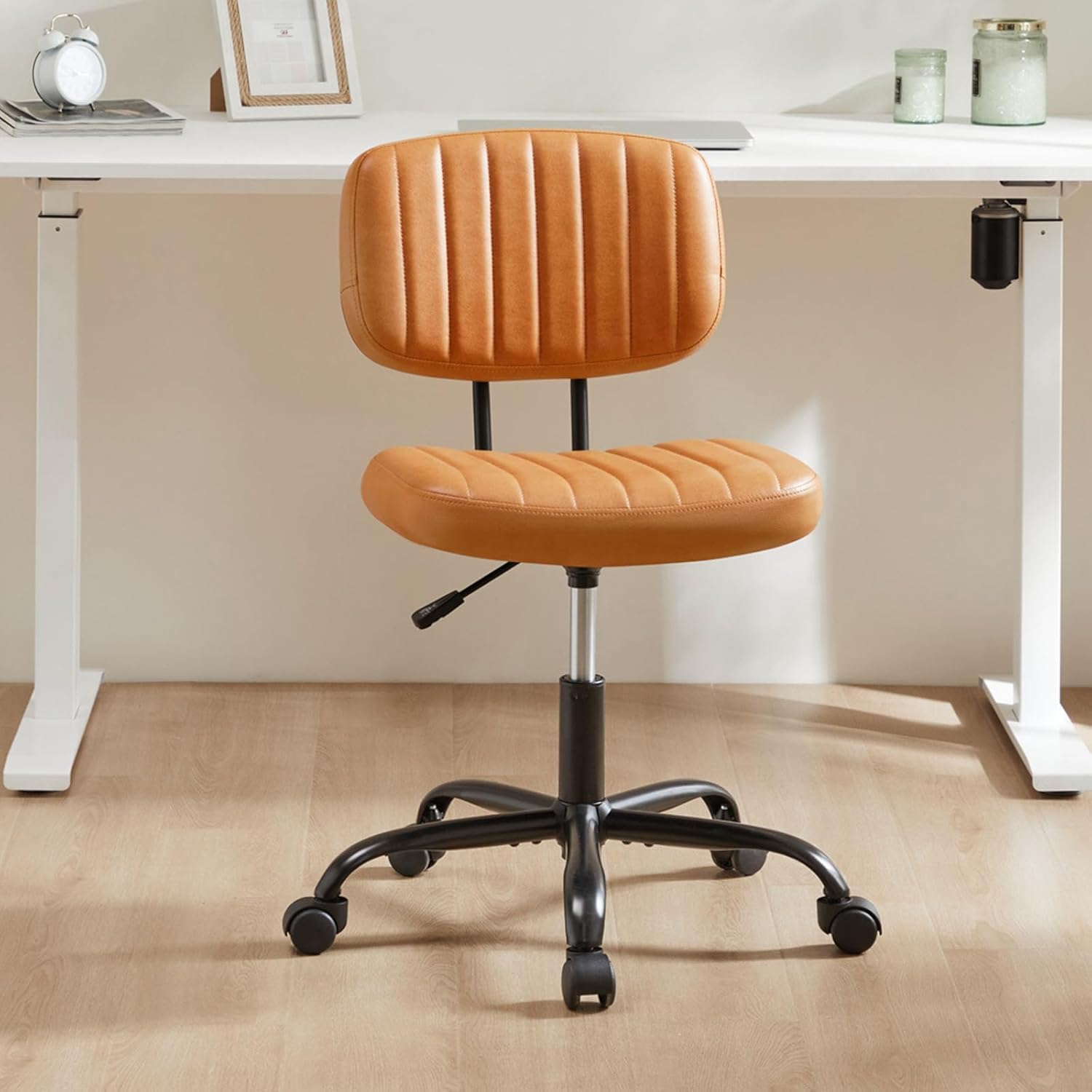 Armless Desk Chair - Small Home Office Chair with Wheels, PU Leather Low Back Task Chair with Lumbar Support, Adjustable Height 360° Rolling Swivel Computer Chair without Arm for Small Space