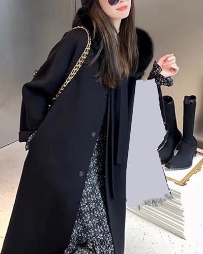 OUSHOP Women's Double-Sided Cashmere Coat Hooded Warm Wool Coat Hidden Button Windbreaker Coat with Fur Collar,Black,M