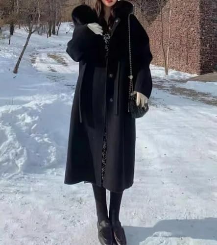 OUSHOP Women's Double-Sided Cashmere Coat Hooded Warm Wool Coat Hidden Button Windbreaker Coat with Fur Collar,Black,M