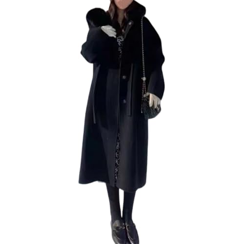 OUSHOP Women's Double-Sided Cashmere Coat Hooded Warm Wool Coat Hidden Button Windbreaker Coat with Fur Collar,Black,M