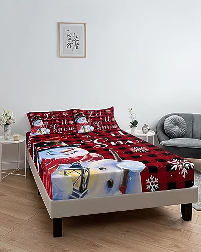 Full Size Fitted Sheet Bed Set Christmas Winter Snowman Cardinal Deep Pocket Soft Bottom Sheets&Pillowcases for Bedroom Decor Red and Black Buffalo Plaid,Fits Mattress Up to 16" Deep