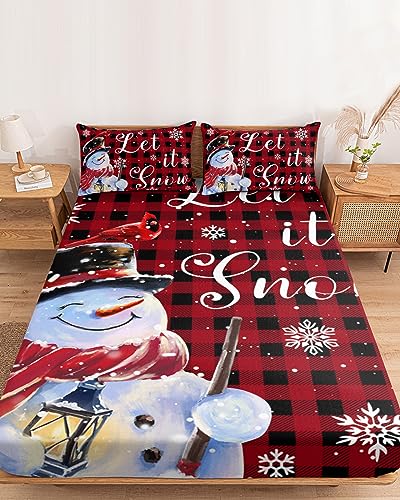 Full Size Fitted Sheet Bed Set Christmas Winter Snowman Cardinal Deep Pocket Soft Bottom Sheets&Pillowcases for Bedroom Decor Red and Black Buffalo Plaid,Fits Mattress Up to 16" Deep