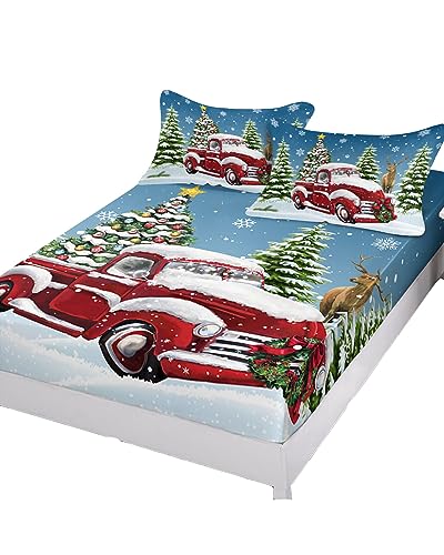 Full Size Fitted Sheet Bed Set Winter Christmas Farm Red Truck Deep Pocket Soft Bottom Sheets&Pillowcases for Bedroom Decor Snowflake Xmas Tree on Blue,Fits Mattress Up to 16" Deep