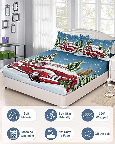 Full Size Fitted Sheet Bed Set Winter Christmas Farm Red Truck Deep Pocket Soft Bottom Sheets&Pillowcases for Bedroom Decor Snowflake Xmas Tree on Blue,Fits Mattress Up to 16" Deep