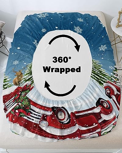 Full Size Fitted Sheet Bed Set Winter Christmas Farm Red Truck Deep Pocket Soft Bottom Sheets&Pillowcases for Bedroom Decor Snowflake Xmas Tree on Blue,Fits Mattress Up to 16" Deep