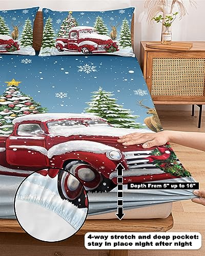 Full Size Fitted Sheet Bed Set Winter Christmas Farm Red Truck Deep Pocket Soft Bottom Sheets&Pillowcases for Bedroom Decor Snowflake Xmas Tree on Blue,Fits Mattress Up to 16" Deep