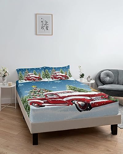 Full Size Fitted Sheet Bed Set Winter Christmas Farm Red Truck Deep Pocket Soft Bottom Sheets&Pillowcases for Bedroom Decor Snowflake Xmas Tree on Blue,Fits Mattress Up to 16" Deep