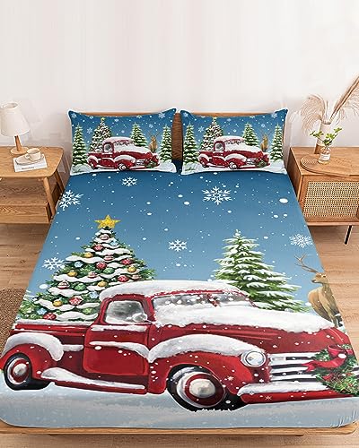 Full Size Fitted Sheet Bed Set Winter Christmas Farm Red Truck Deep Pocket Soft Bottom Sheets&Pillowcases for Bedroom Decor Snowflake Xmas Tree on Blue,Fits Mattress Up to 16" Deep
