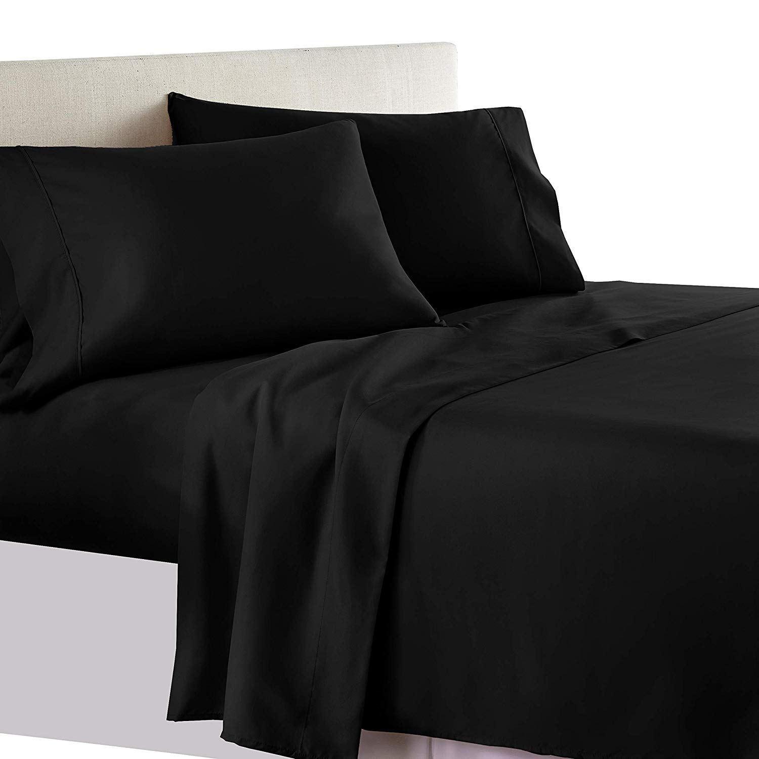 snowhomes 800 Thread Count-4Pcs Bed Sheet Set 100% Cotton Bedlinen Sheets Black Cal-King Sheets, Long-Staple Combed Cotton, Soft Sateen Weave Bedding Set, Fits Mattress Upto 18'' Deep Pockets