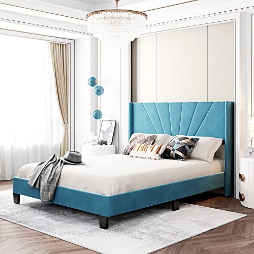 Livavege Queen Bed Frame with Classic Velvet Headboard, Comfortable and Elegant Upholstered Platform Bed Frame Queen Size w/Wooden Slats Support for Kids/Teens/Adults, Heavy Duty Feet, Noise-Free