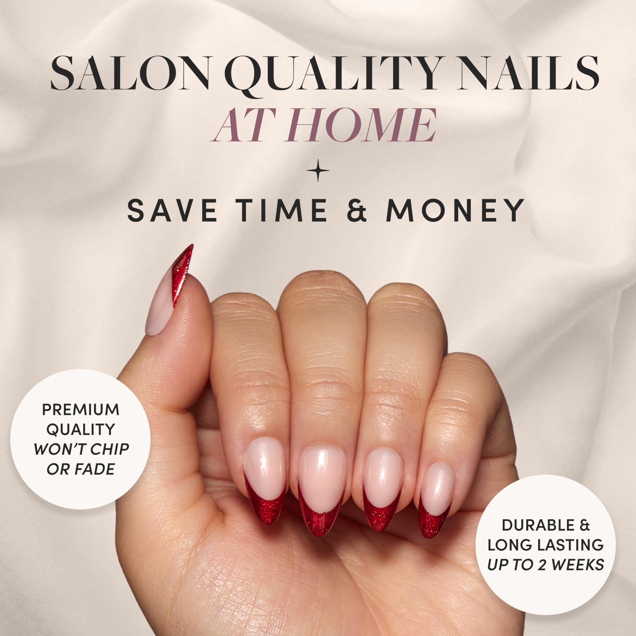 Glamnetic Press On Nails - Red Affair | Short Almond Red Glitter French Tip Nails with a Glossy Finish | 15 Sizes - 30 Nail Kit with Glue