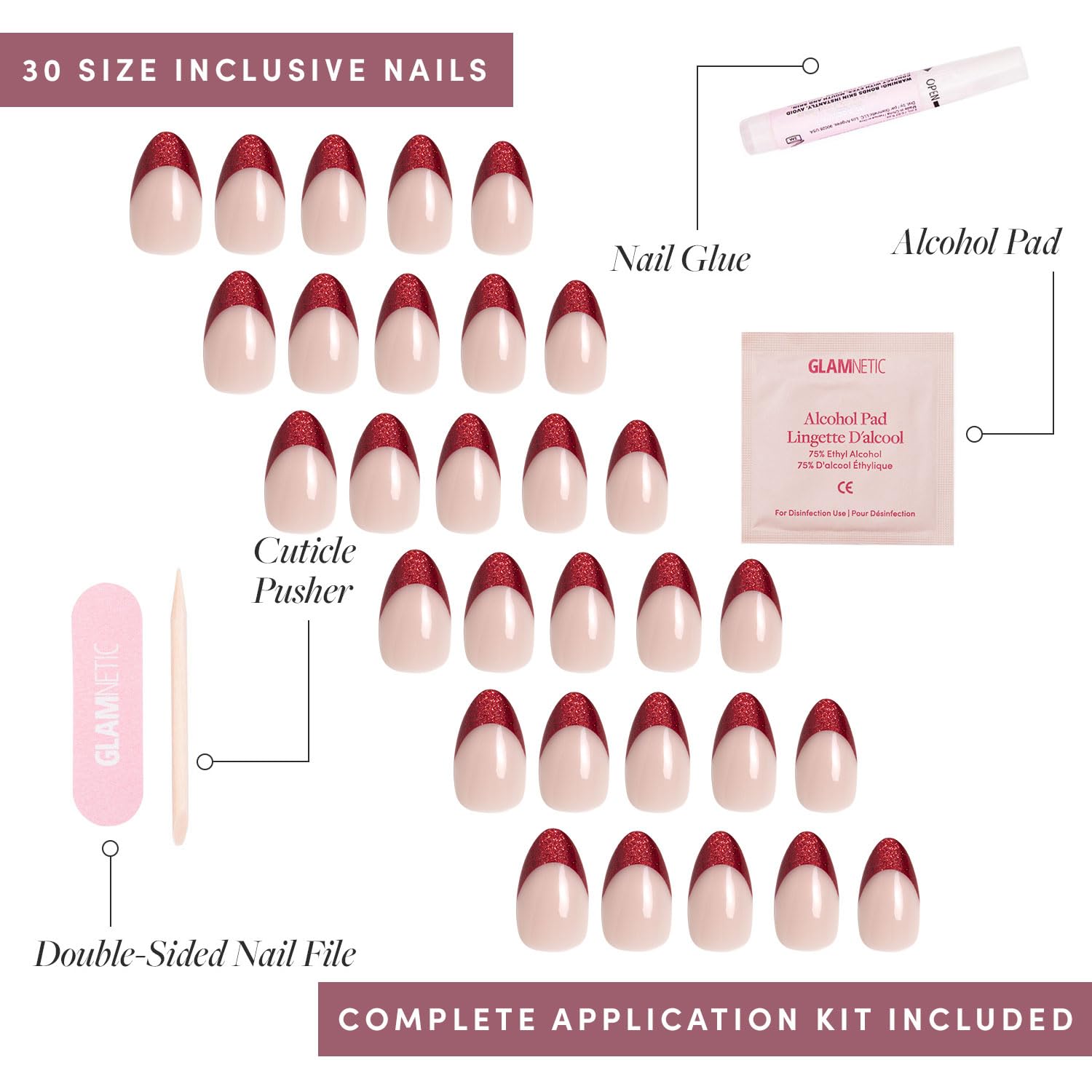 Glamnetic Press On Nails - Red Affair | Short Almond Red Glitter French Tip Nails with a Glossy Finish | 15 Sizes - 30 Nail Kit with Glue