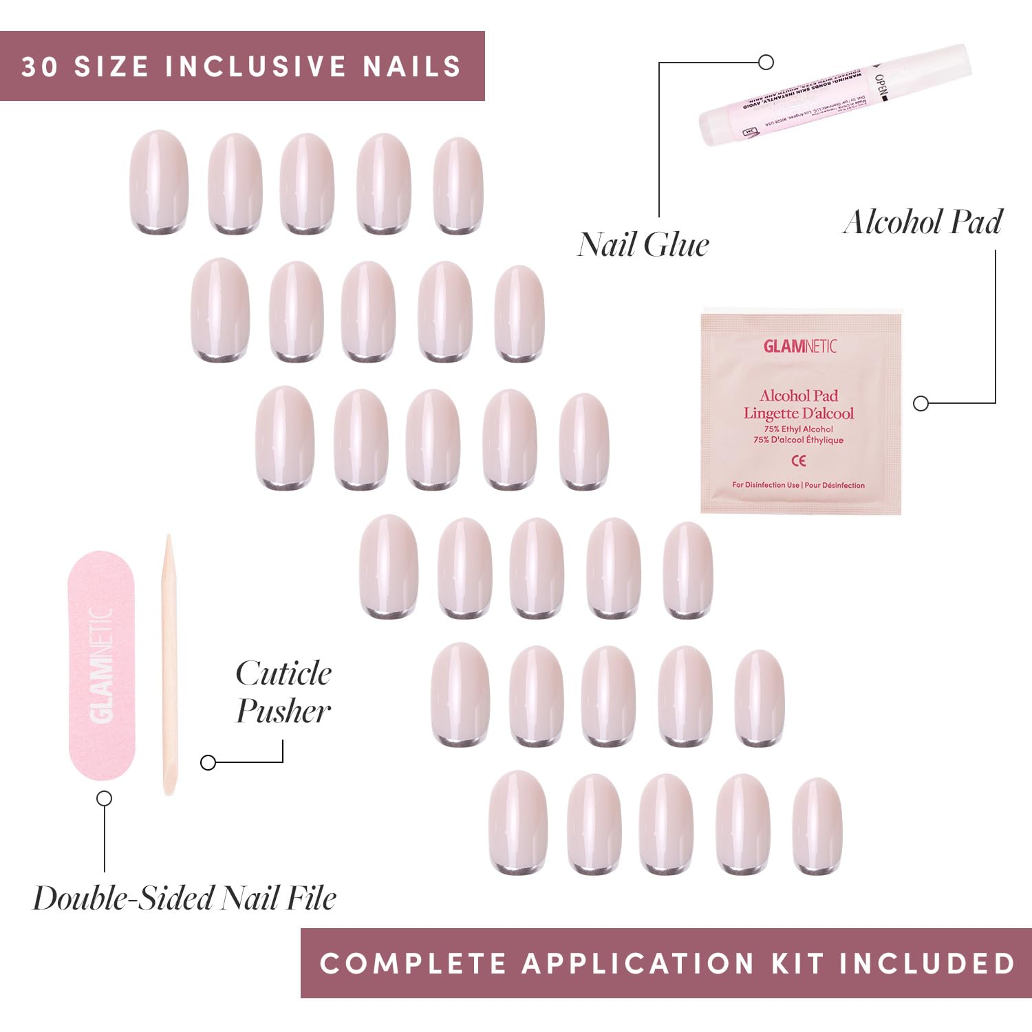 Glamnetic Press On Nails - Silver Belle | Short Round Natural Base Nails with 3D Silver Foil in a Glossy Finish | 12 Sizes - 30 Nail Kit with Glue