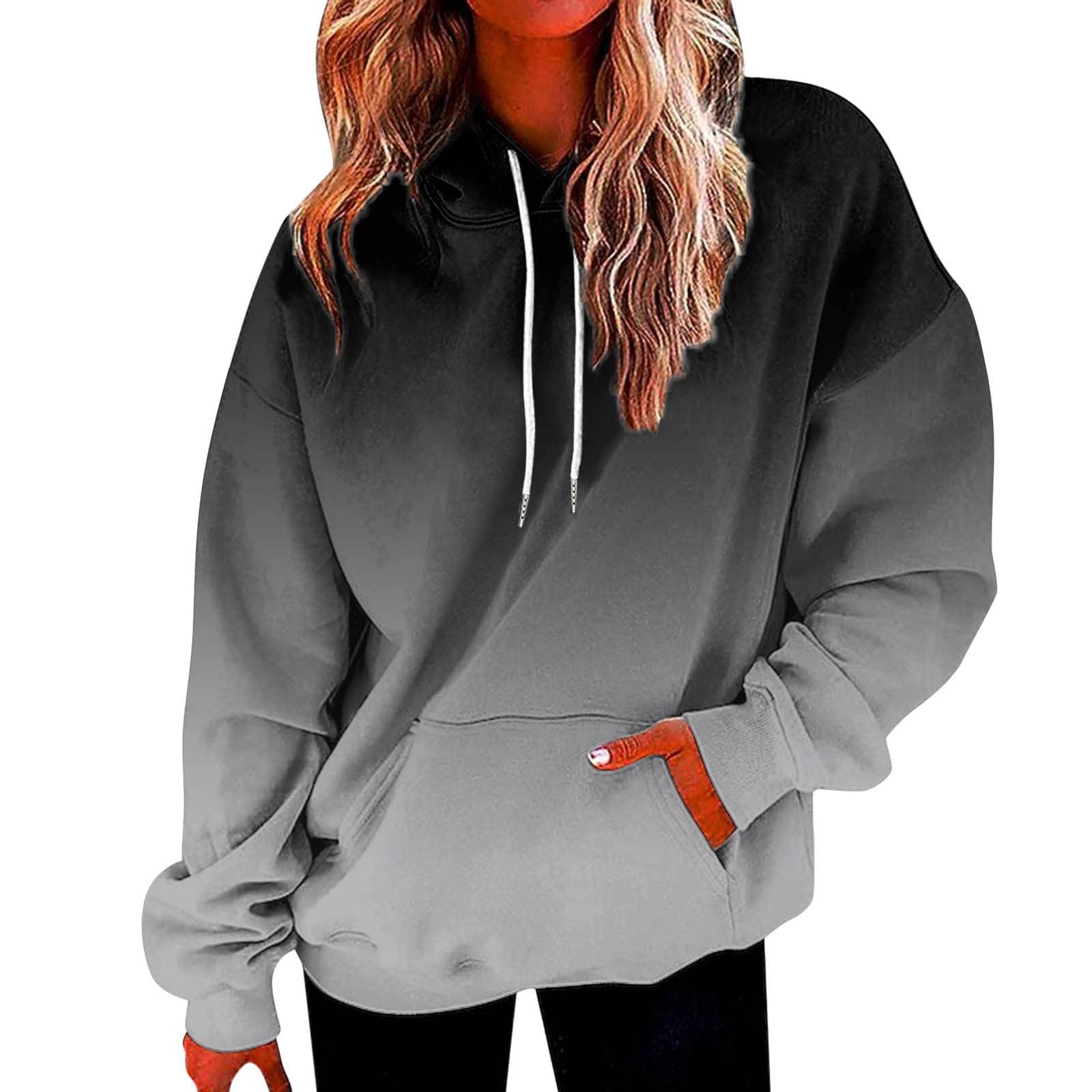 Women 's Oversized Y2K Hoodies Pullover Tops Gradient Hooded Sweatshirts Fall FashionPocket Long Sleeve Blouse Outfits work from clothes Women Gray 2X