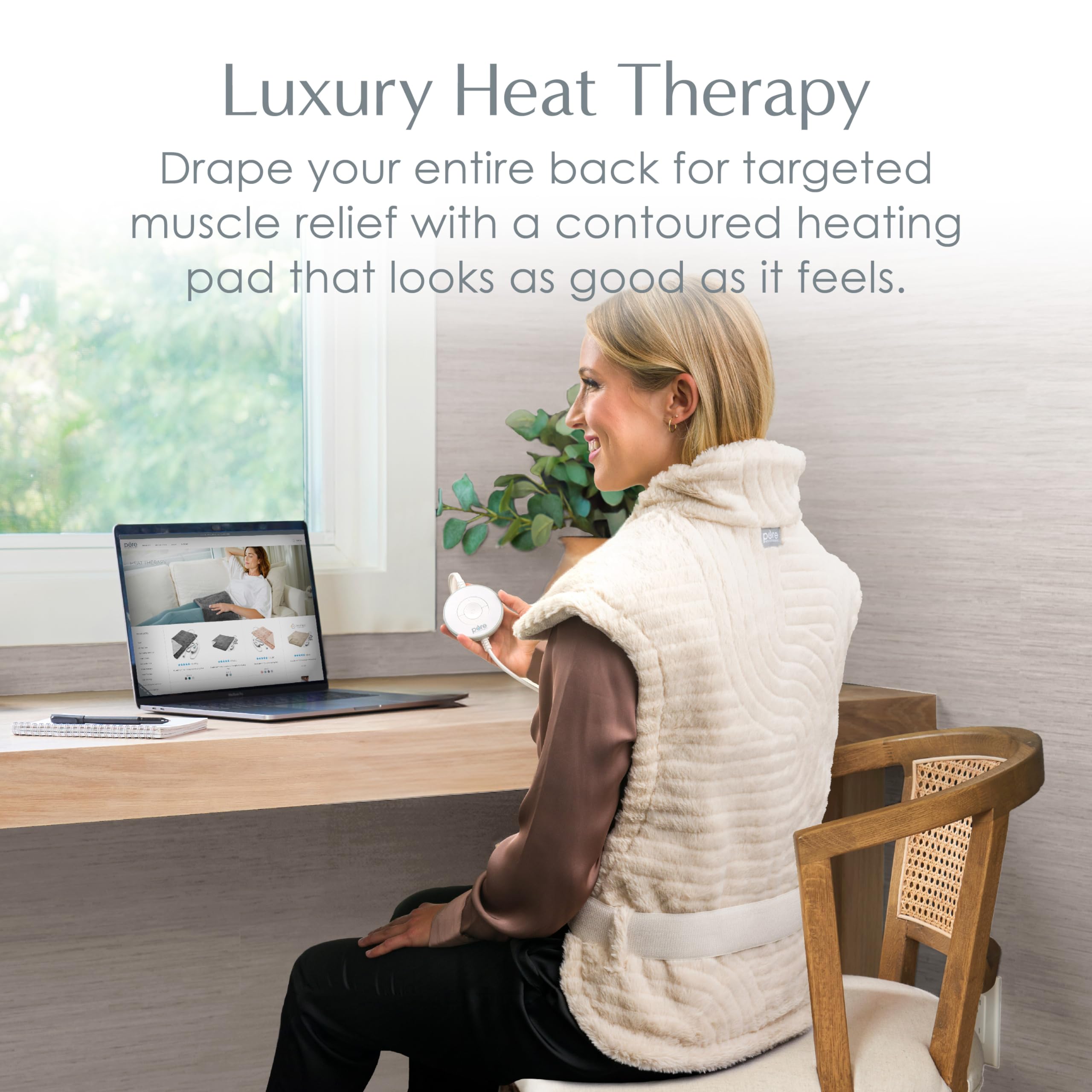 Pure Enrichment® PureRadiance™ Back & Neck Luxury Heating Pad for Pain Relief, Patented Design, Soft Faux Fur & Micromink, 6 Heat Settings, Machine Washable, Universal Fit, 31.5” x 24” (Golden Sands)