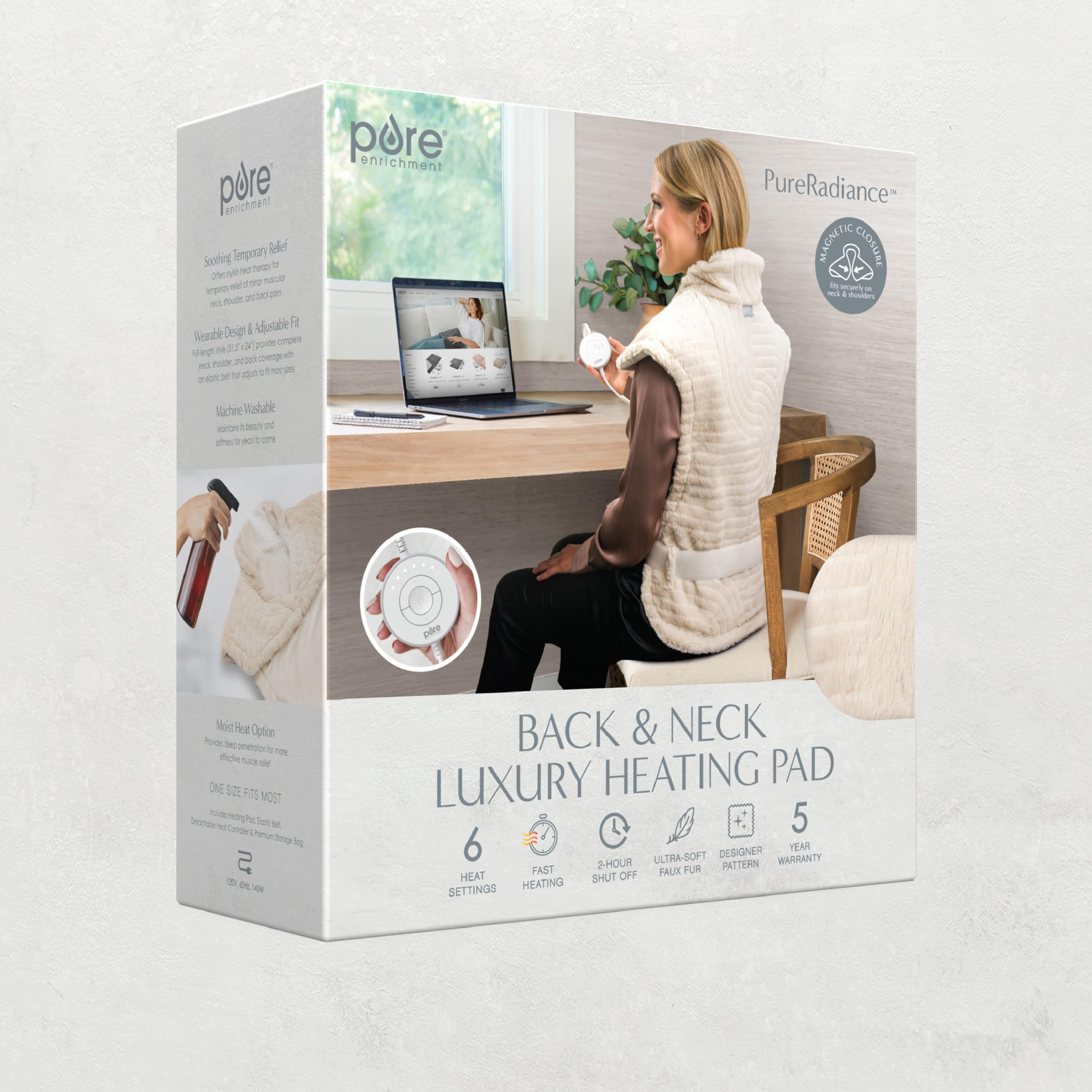 Pure Enrichment® PureRadiance™ Back & Neck Luxury Heating Pad for Pain Relief, Patented Design, Soft Faux Fur & Micromink, 6 Heat Settings, Machine Washable, Universal Fit, 31.5” x 24” (Golden Sands)