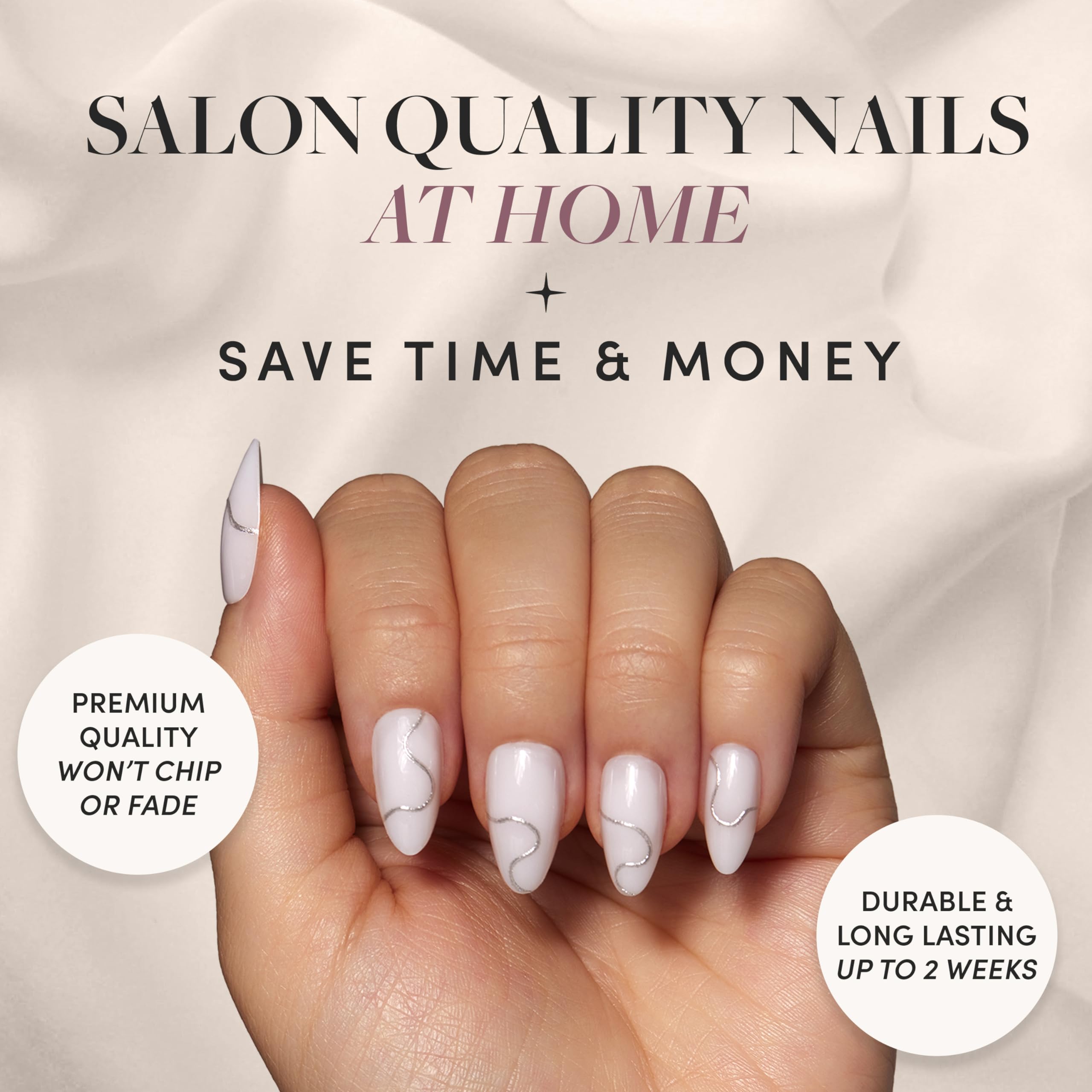 Glamnetic Press On Nails - Silent Night | Short Almond White Nails with 3D Silver Foil in a Glossy Finish | 15 Sizes - 30 Nail Kit with Glue
