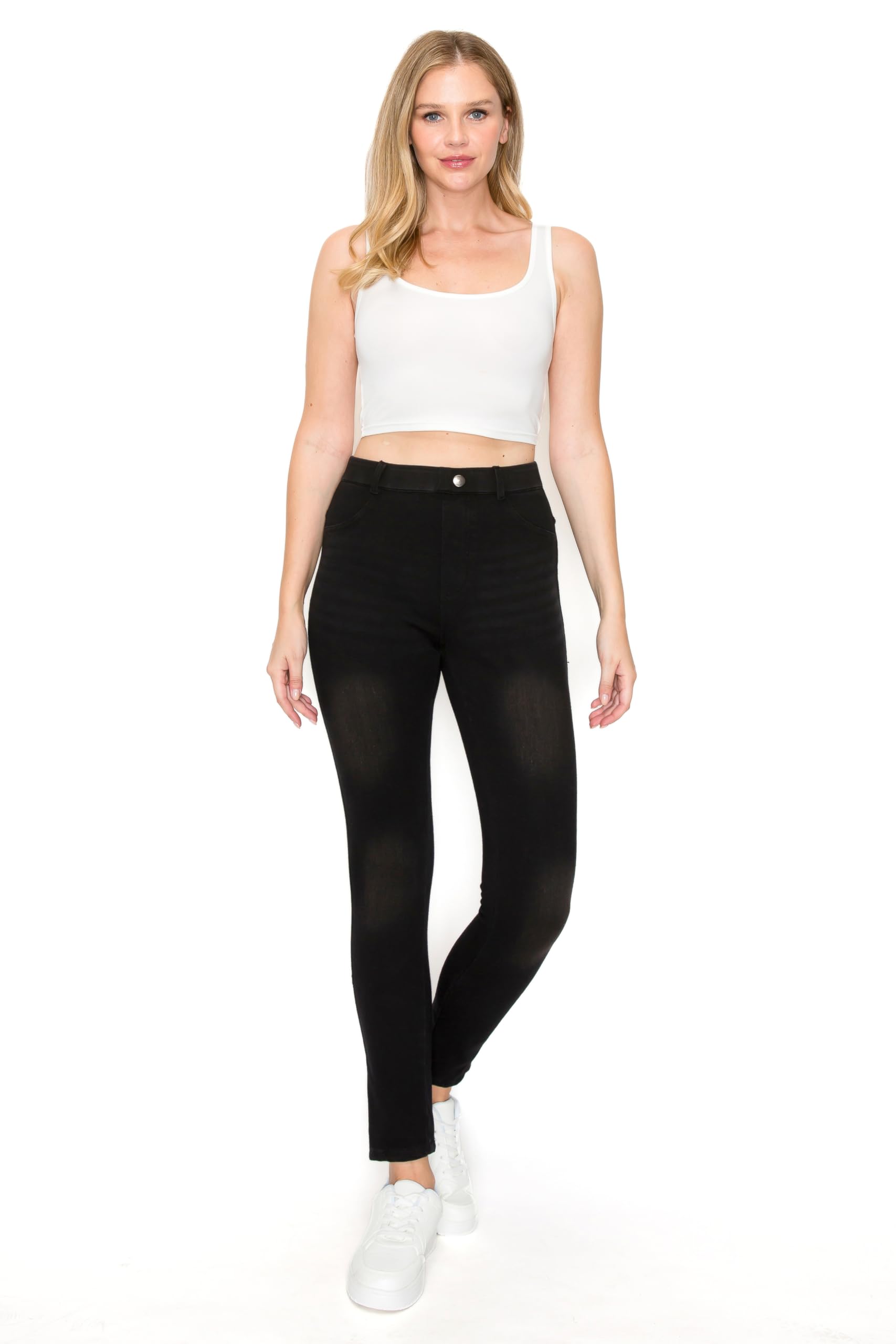 Women's Stretch Pull-on Skinny Denim Look Jean Leggings, Full Length, Faded Black, Large
