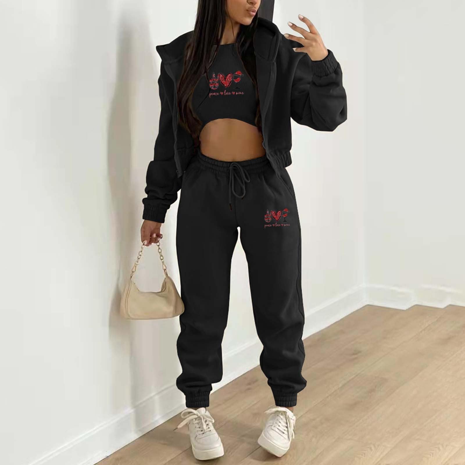 JMMSlmax Women's 3 Piece Outfits Long Sleeve Zip Cropped Sweatshirt Sweatpants Tracksuit with Tank Top Sweatsuit Lounge Sets