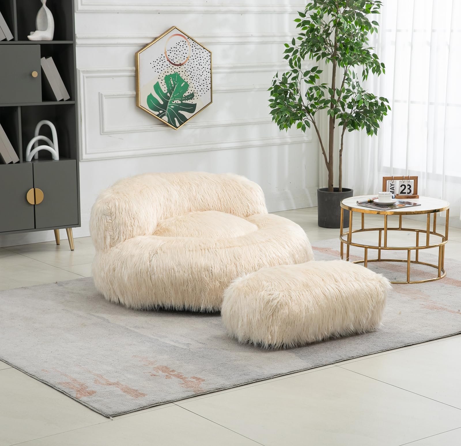 Fluffy Bean Bag Chair with Ottoman, Comfy Bean Bag for Adults and Kids, Ultra Soft Lazy Sofa Chair with Memory Sponge, Indoor Modern Accent Beanbag Chairs for Living Room, Bedroom, Apartment, Beige