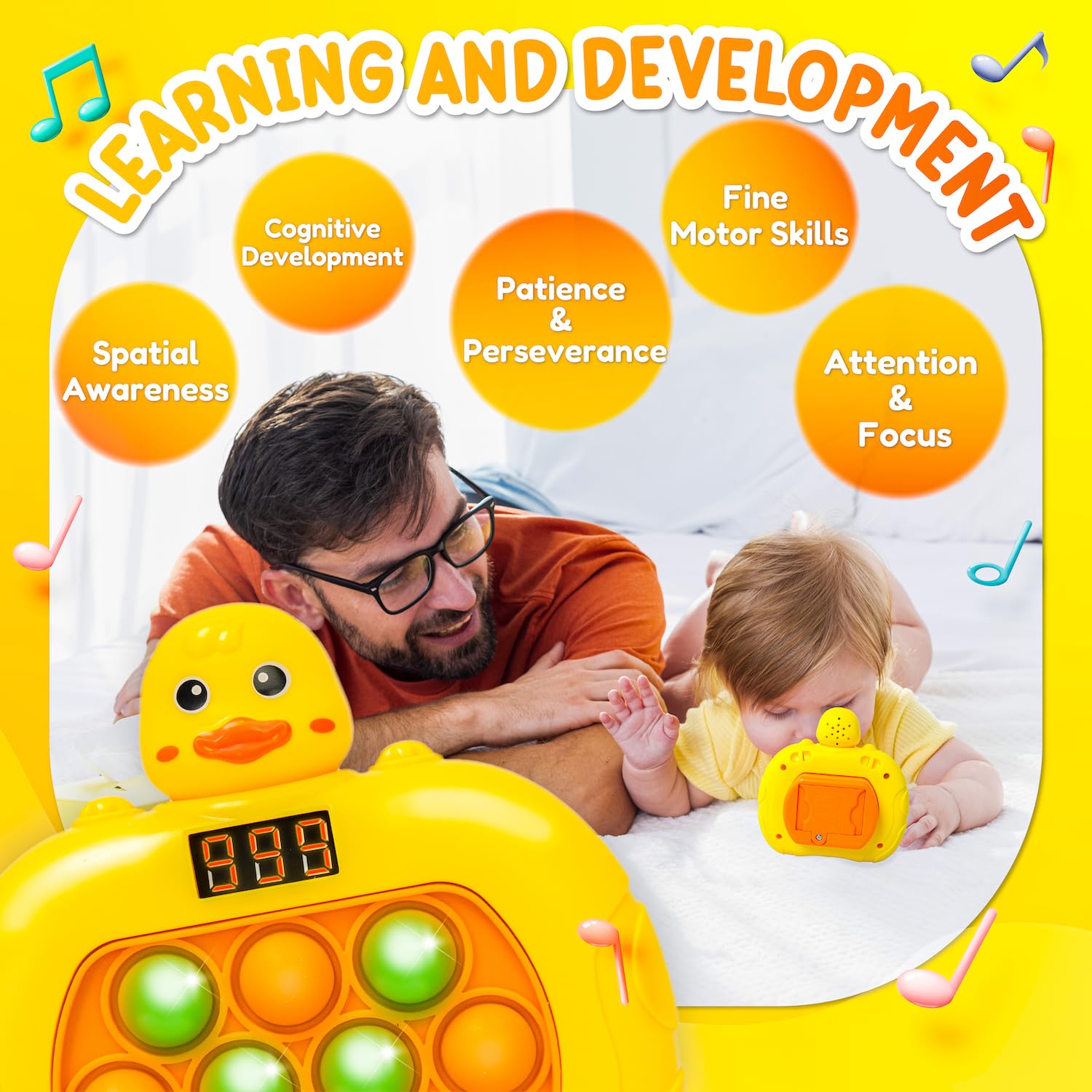 Marlo & Buzz Fast Push Game Toy with Popit Game Controller, Pop Fidget Animal with LED Screen - Sensory and Memory Console, Quick Bubble Light Toy, Pocket Games (Duck) Brown, Yellow, Pink, Blue, Red
