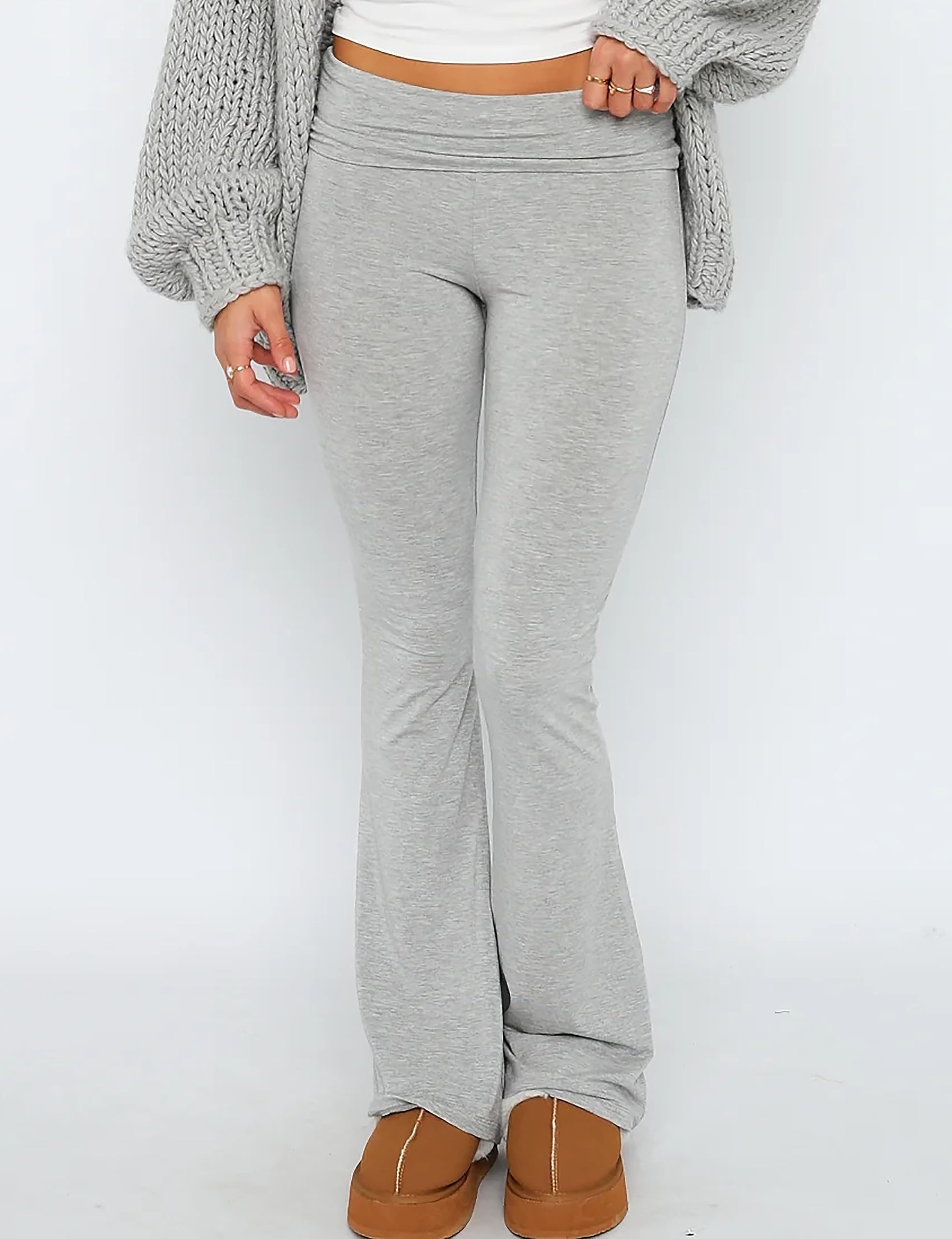 Luckinbaby Women 's Flare Skinny Pants Fold Over Leggings Stretch Bootcut Bell Bottom Yoga Pants Y2k Joggers(Basic Light Gray,S)