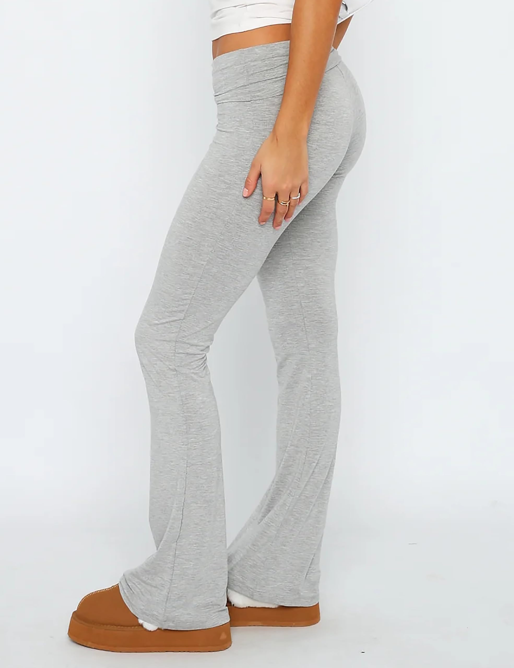 Luckinbaby Women 's Flare Skinny Pants Fold Over Leggings Stretch Bootcut Bell Bottom Yoga Pants Y2k Joggers(Basic Light Gray,S)
