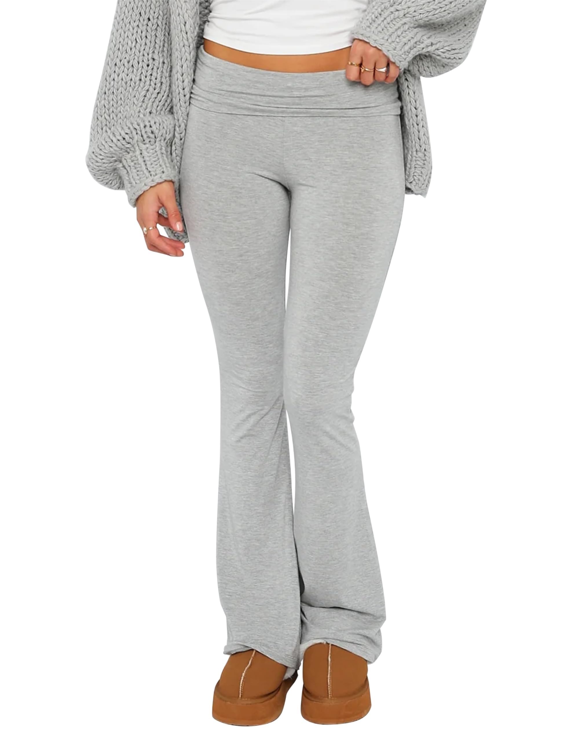 Luckinbaby Women 's Flare Skinny Pants Fold Over Leggings Stretch Bootcut Bell Bottom Yoga Pants Y2k Joggers(Basic Light Gray,S)