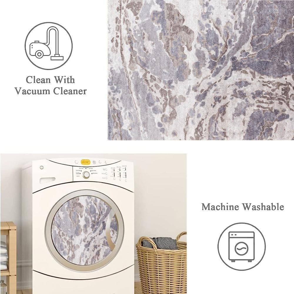 Gray Marble Distressed Area Rug 5'x 7' for Living Room Bedroom, Modern Abstract Rug with Non-Slip Backing Non Shedding Stain Resistant, Machine Washable Carpet for Dining Room