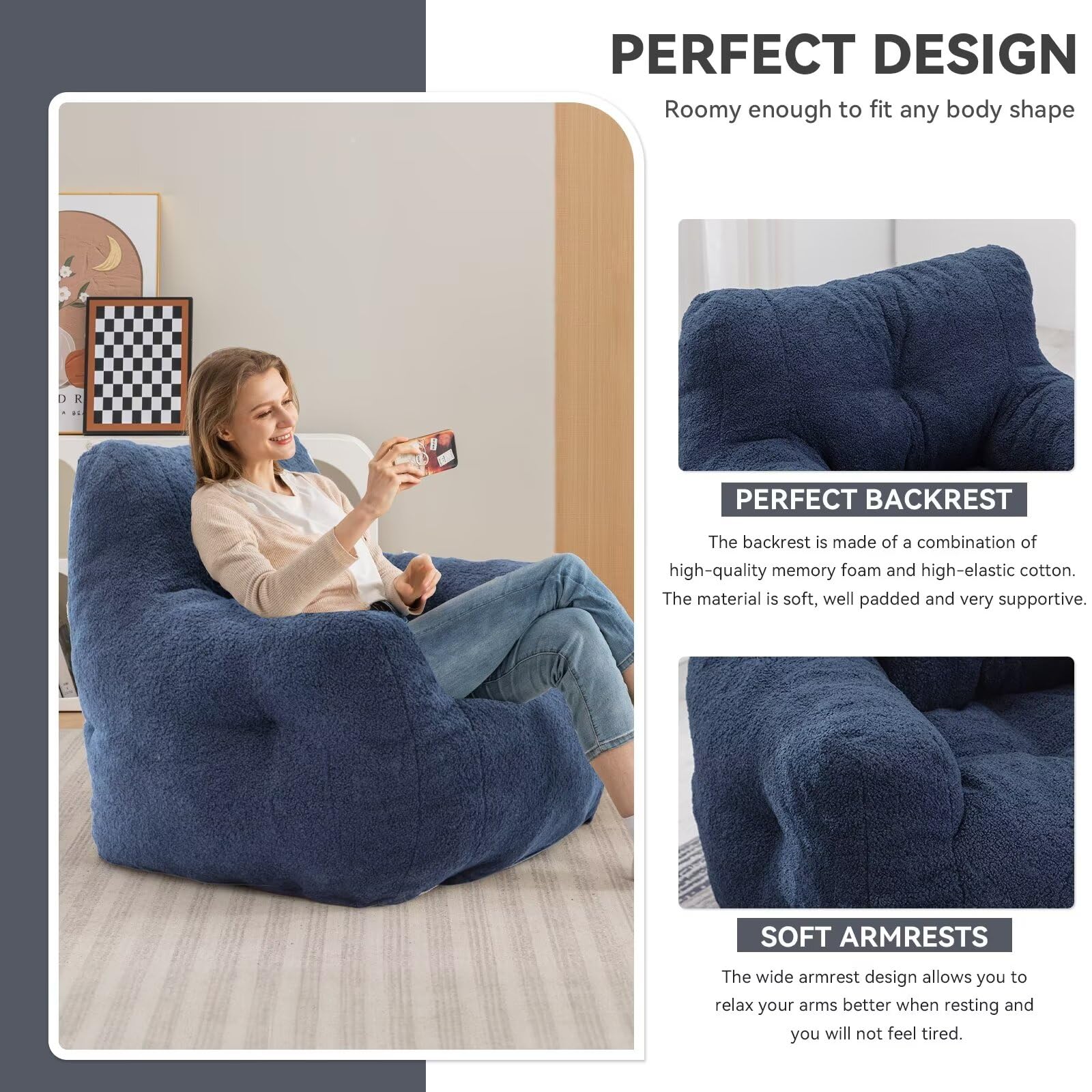 FOXHUNTER Bean Bag Chair for Adults, Bean Bag Sofa with Tufted Soft Stuffed Filling, Fluffy and Lazy Sofa Comfy Chair BeanBag Chairs with Memory Foam for Dorm Livingroom Apartment, Teddy Blue
