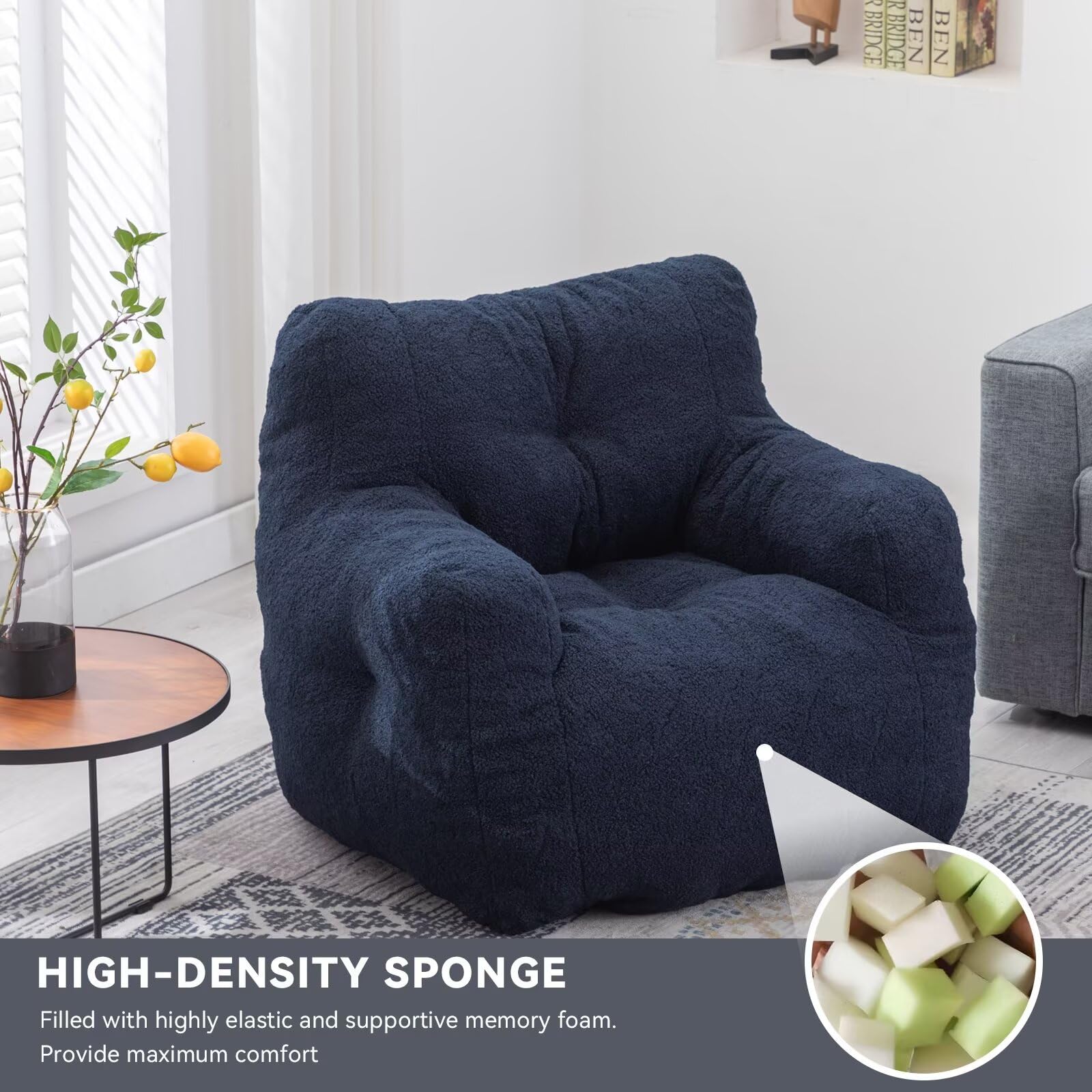 FOXHUNTER Bean Bag Chair for Adults, Bean Bag Sofa with Tufted Soft Stuffed Filling, Fluffy and Lazy Sofa Comfy Chair BeanBag Chairs with Memory Foam for Dorm Livingroom Apartment, Teddy Blue